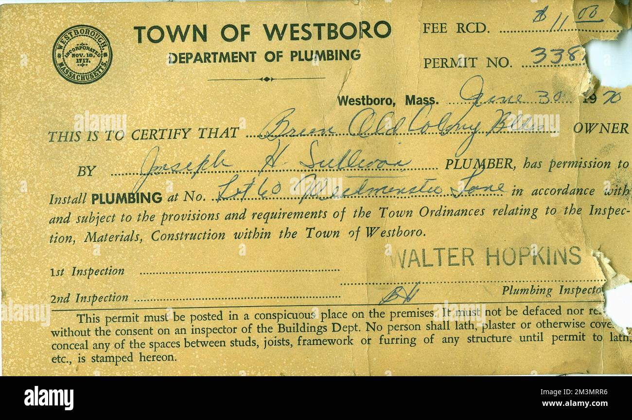 Plumbing permit for Joseph H. Sullivan , Plumbing industry. Westborough ...