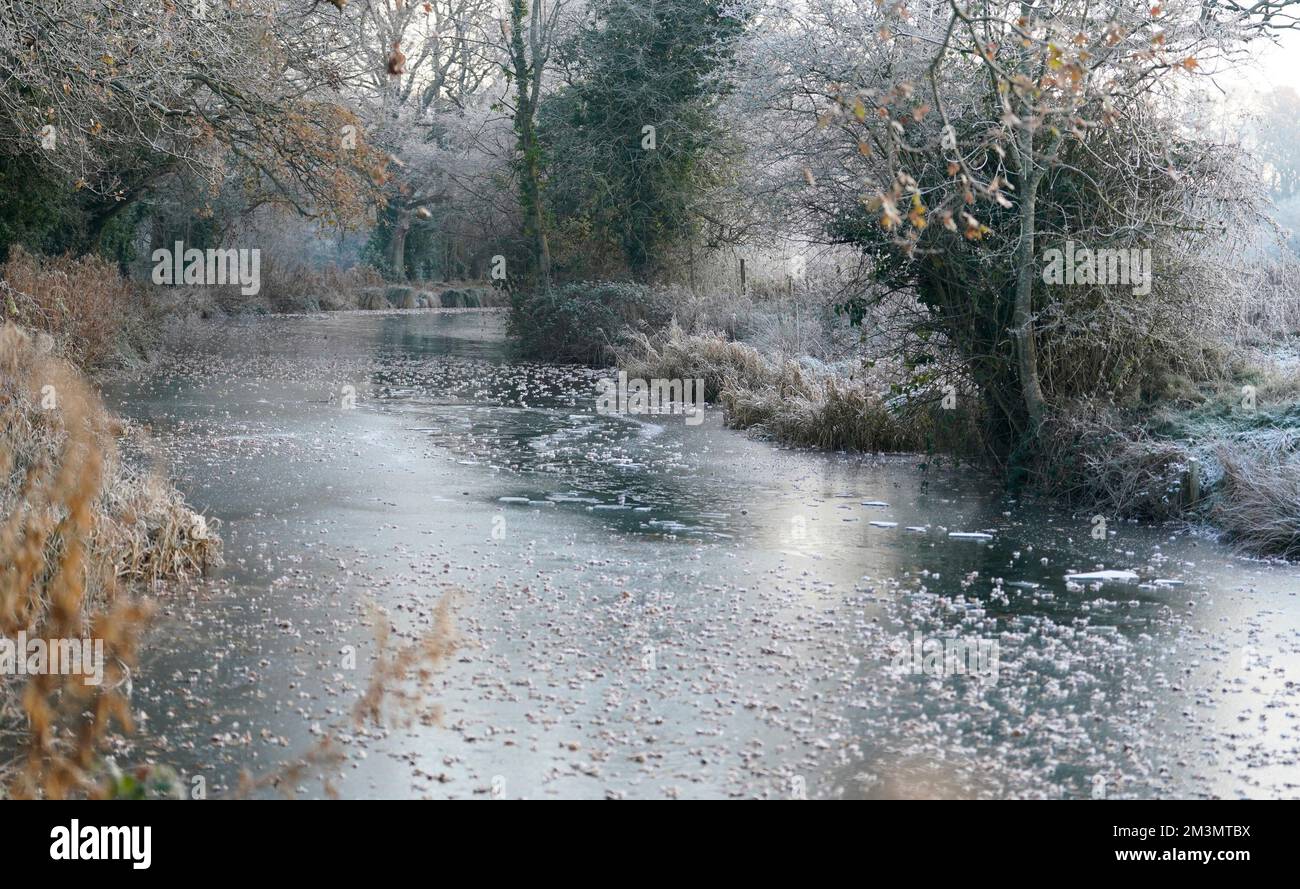 A layer of ice covers the Basingstoke Canal near Dogmersfield in ...