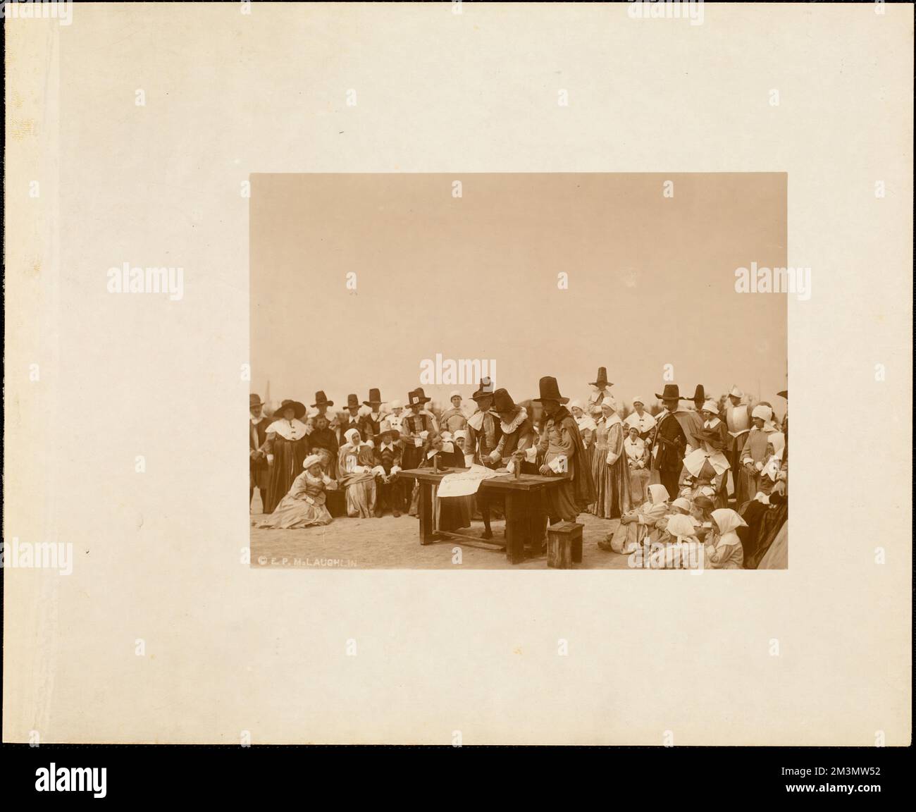 Plymouth Tercentenary Pageant, William Brewster signs the Mayflower ...