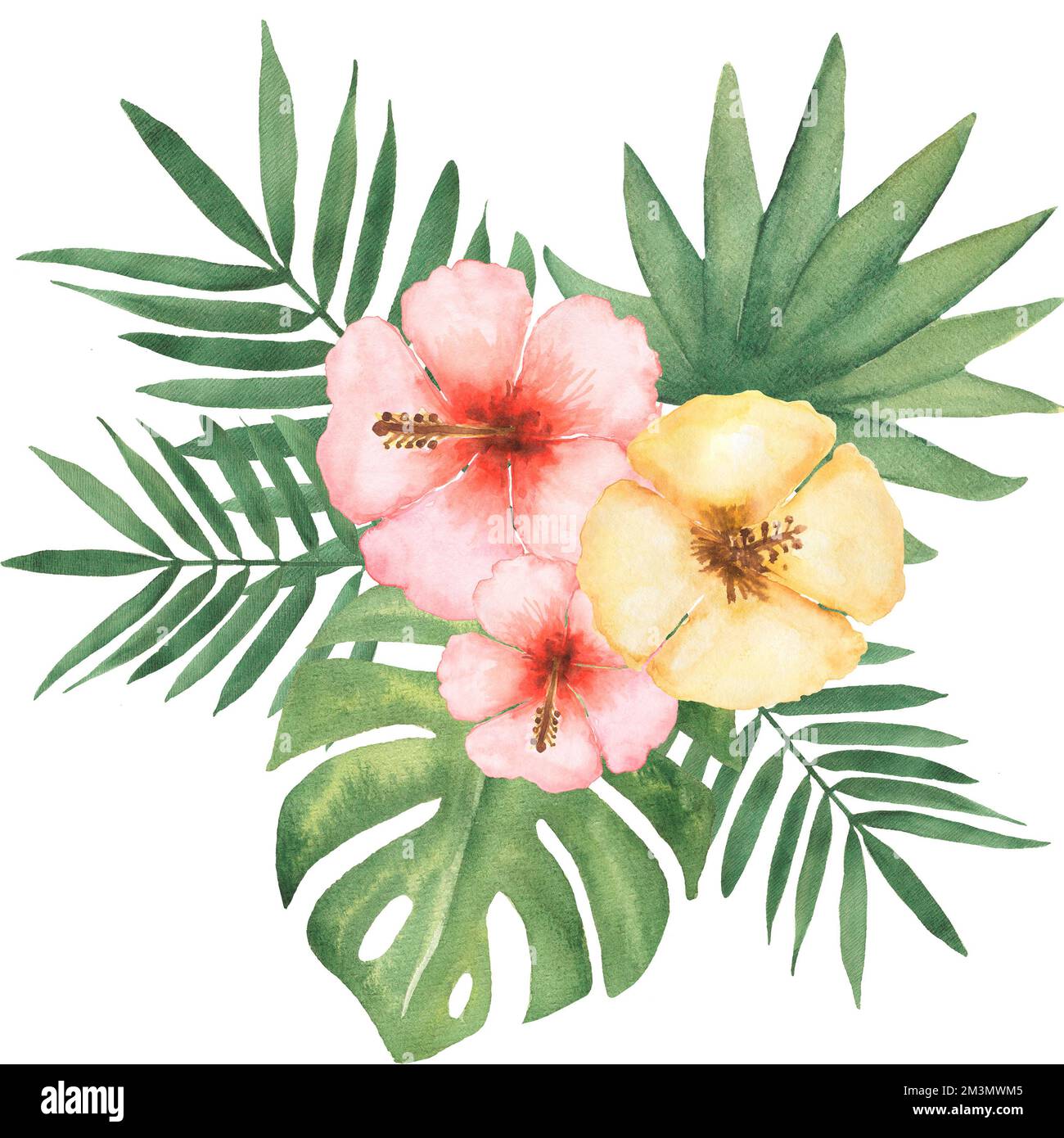 Watercolor tropical florals bouquet illustration. Green tropic leaves ...