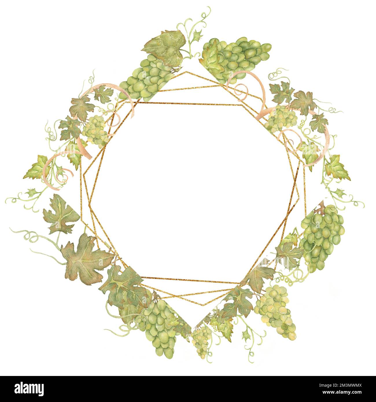 Watercolor green grapes and golden frame illustration. Modern summer ...
