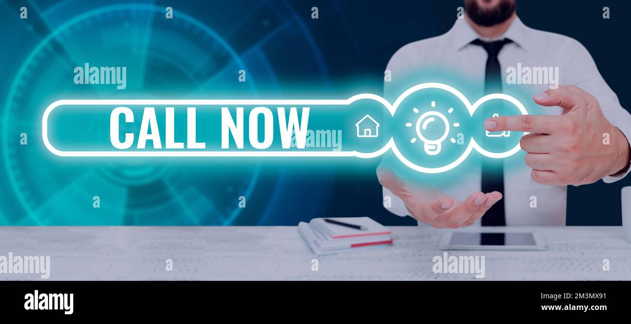 Text showing inspiration Call Now. Conceptual photo To immediately ...