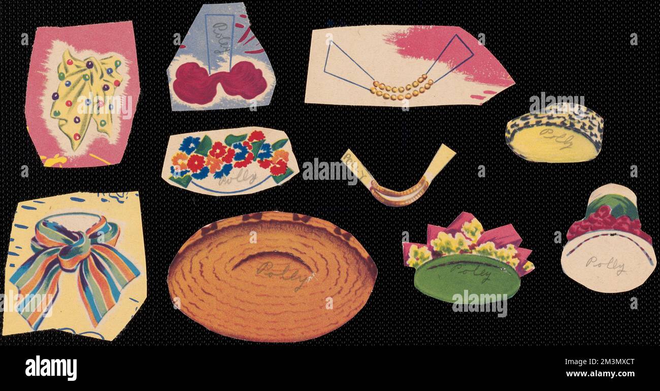 Polly statuette paper doll accessories , Hats, Hair ornaments, Scarves ...