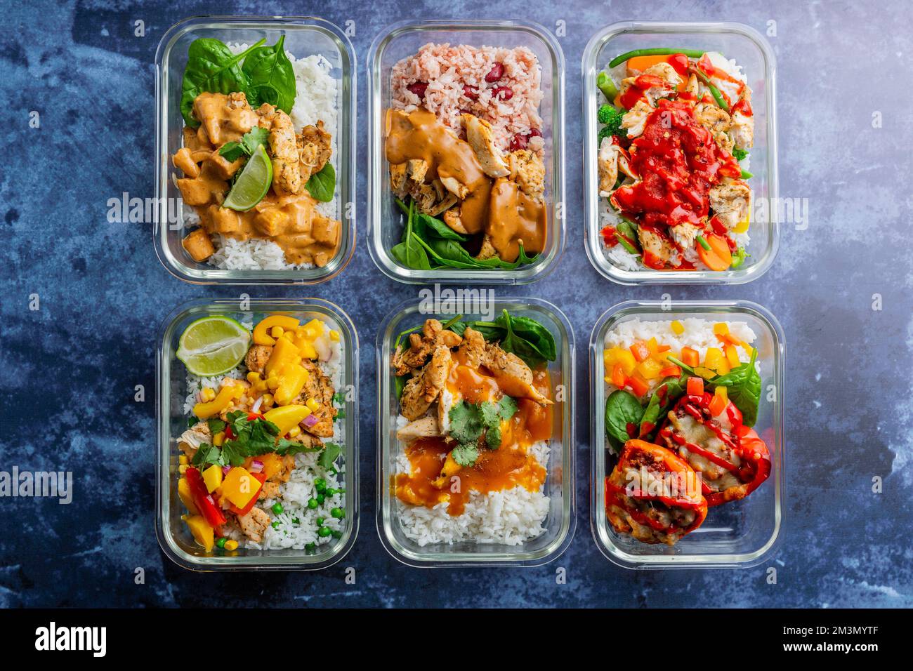 A top view of different healthy lunch meals in glass containers Stock ...