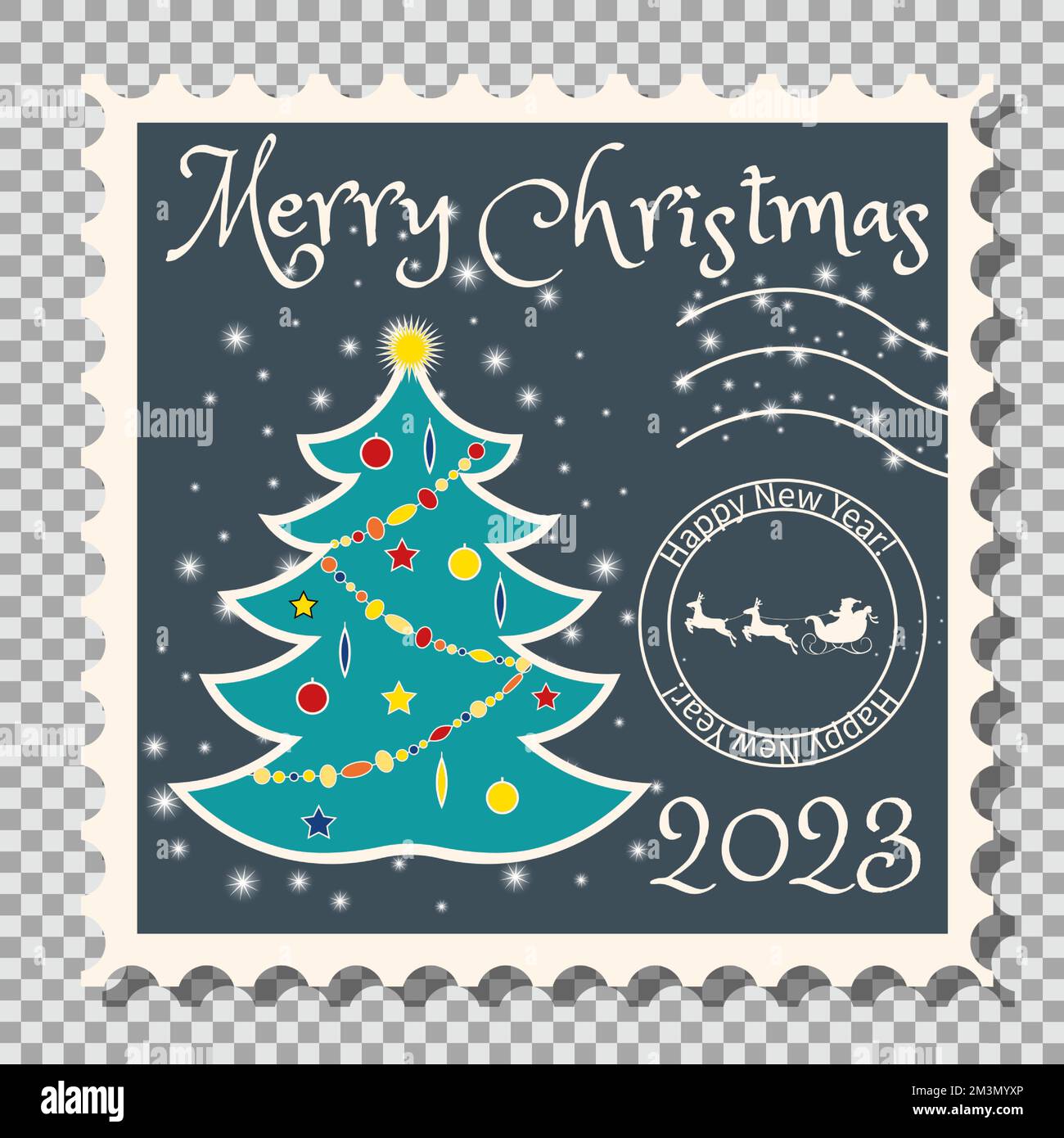 Christmas tree with toys and a garland on a postage stamp. On a ...