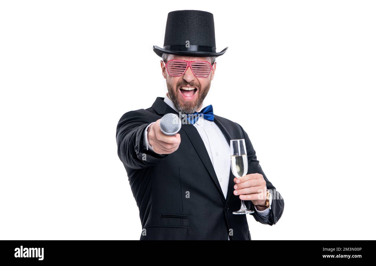 man magician isolated on white background. magician man with microphone ...