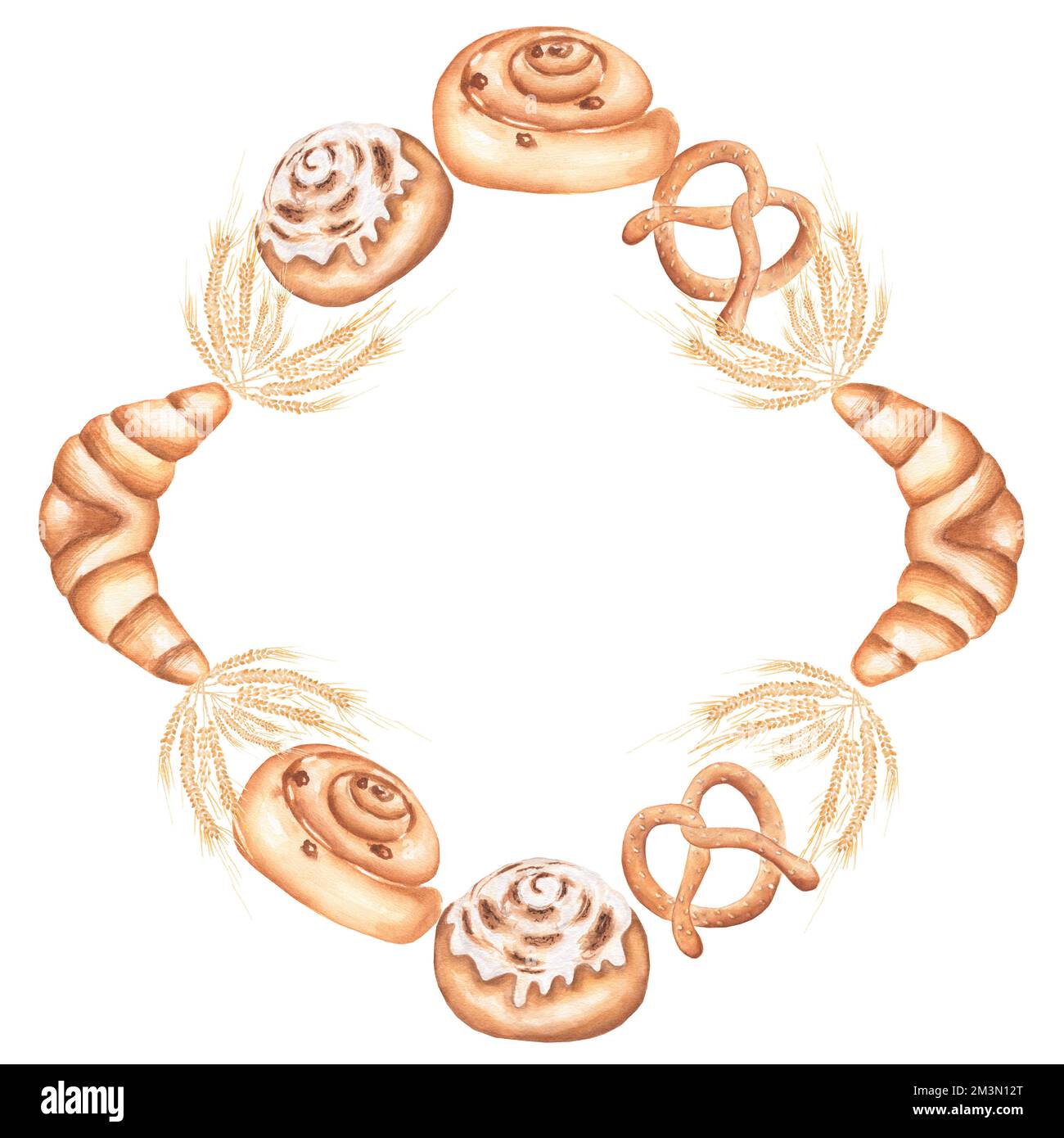 Watercolor hand drawn tasty bakery square frame with, wheat, cinnamon ...