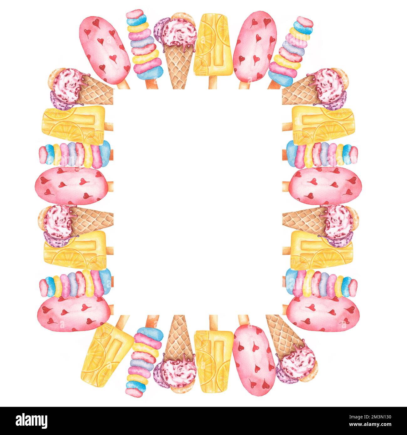 Frame of ice cream. Summer watercolor illustration.Yummy different ...