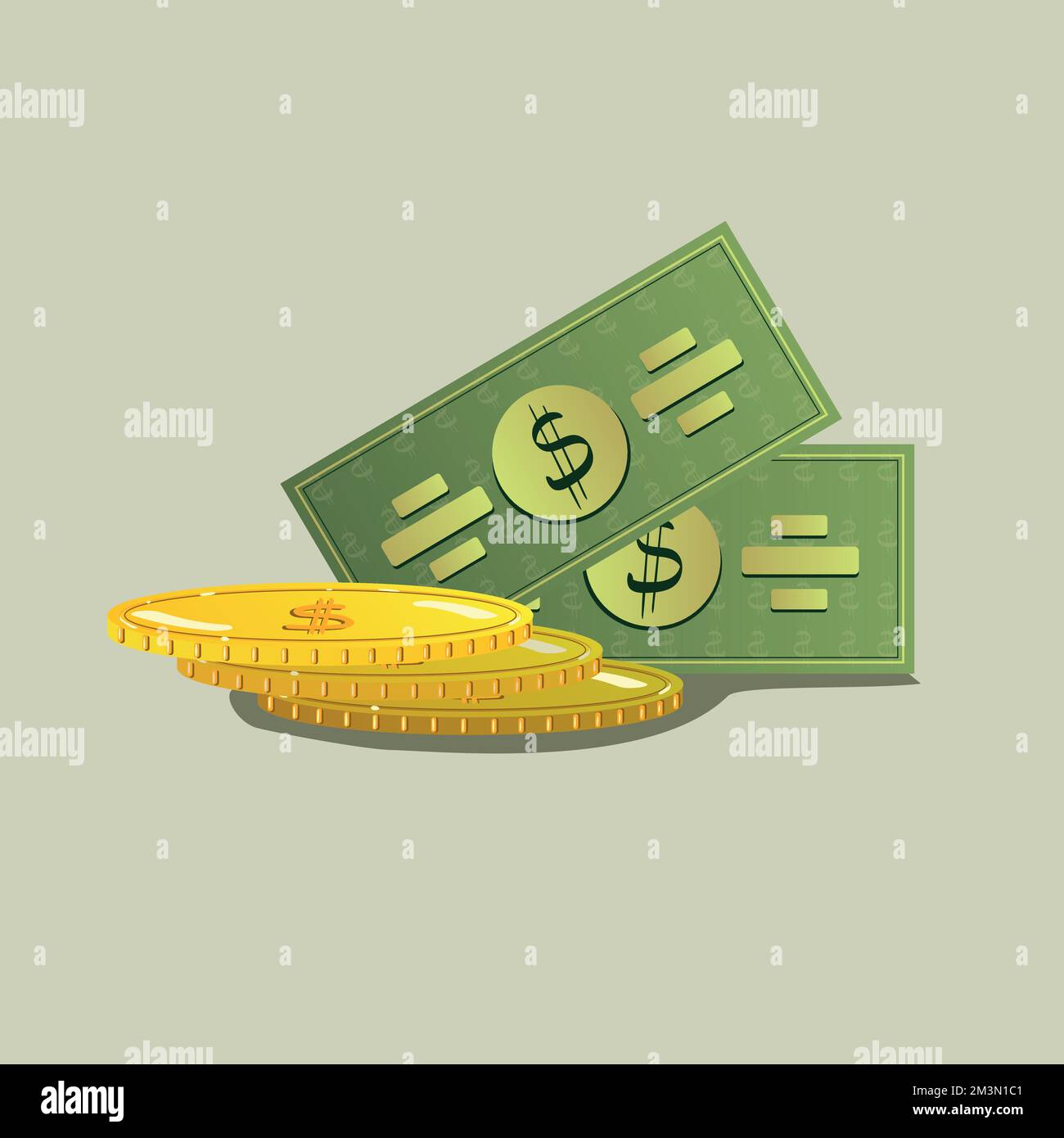 Colorful icon of banknotes and coins on a light background ...