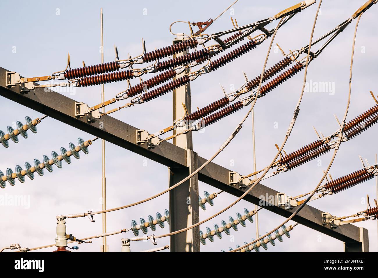 electrical substation with various voltage converters and transformers ...