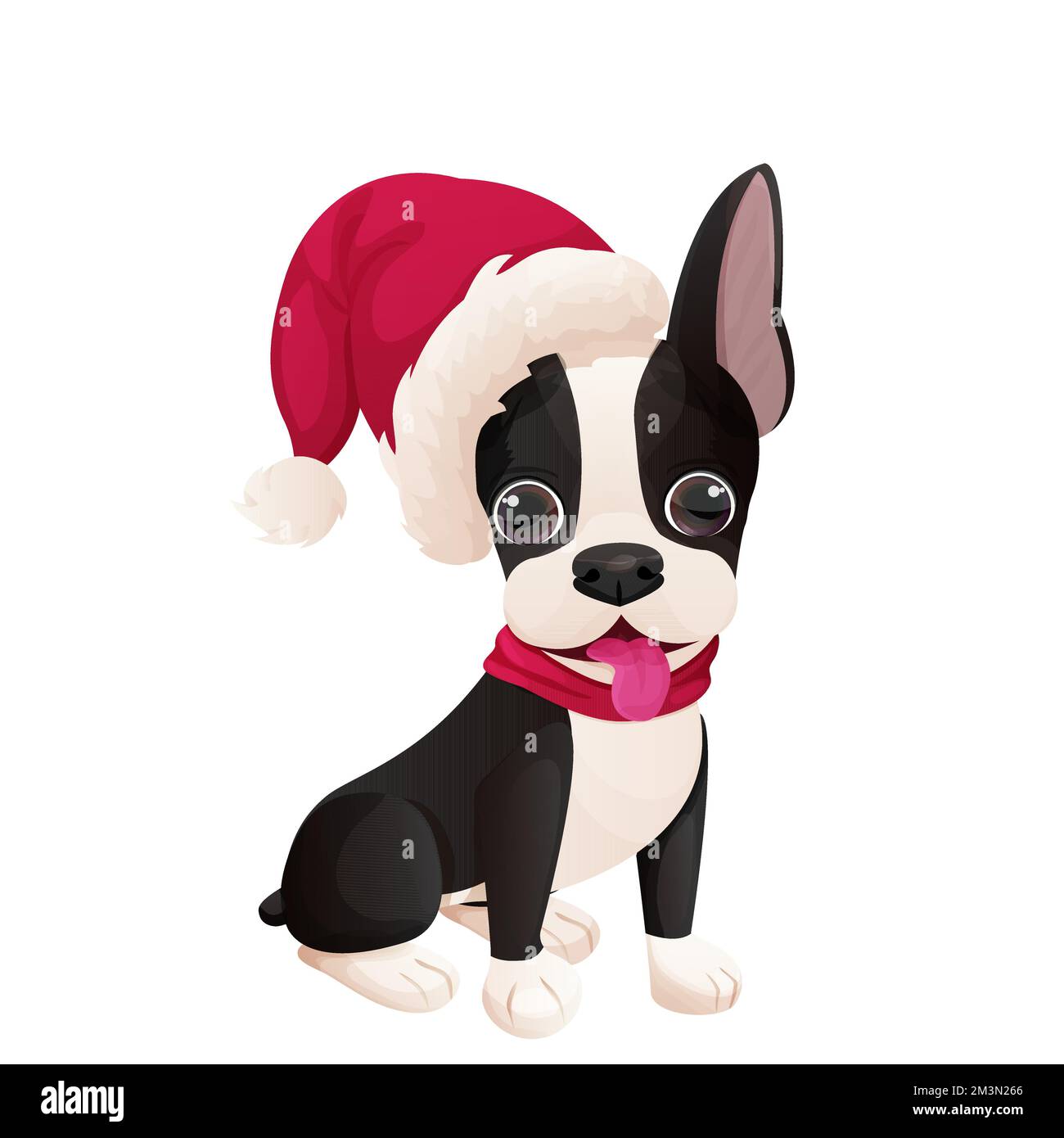 Cute Boston terrier sweet puppy with Christmas hat sitting in cartoon ...