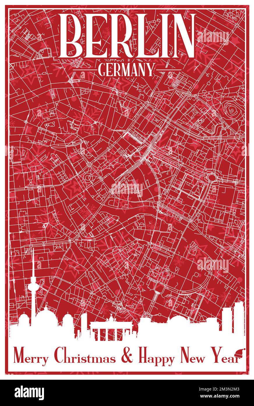 Red vintage hand-drawn Christmas postcard of the downtown BERLIN ...