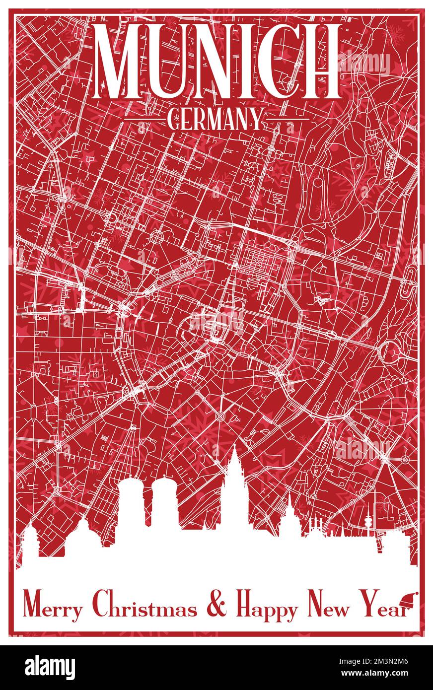 Red vintage hand-drawn Christmas postcard of the downtown MUNICH ...
