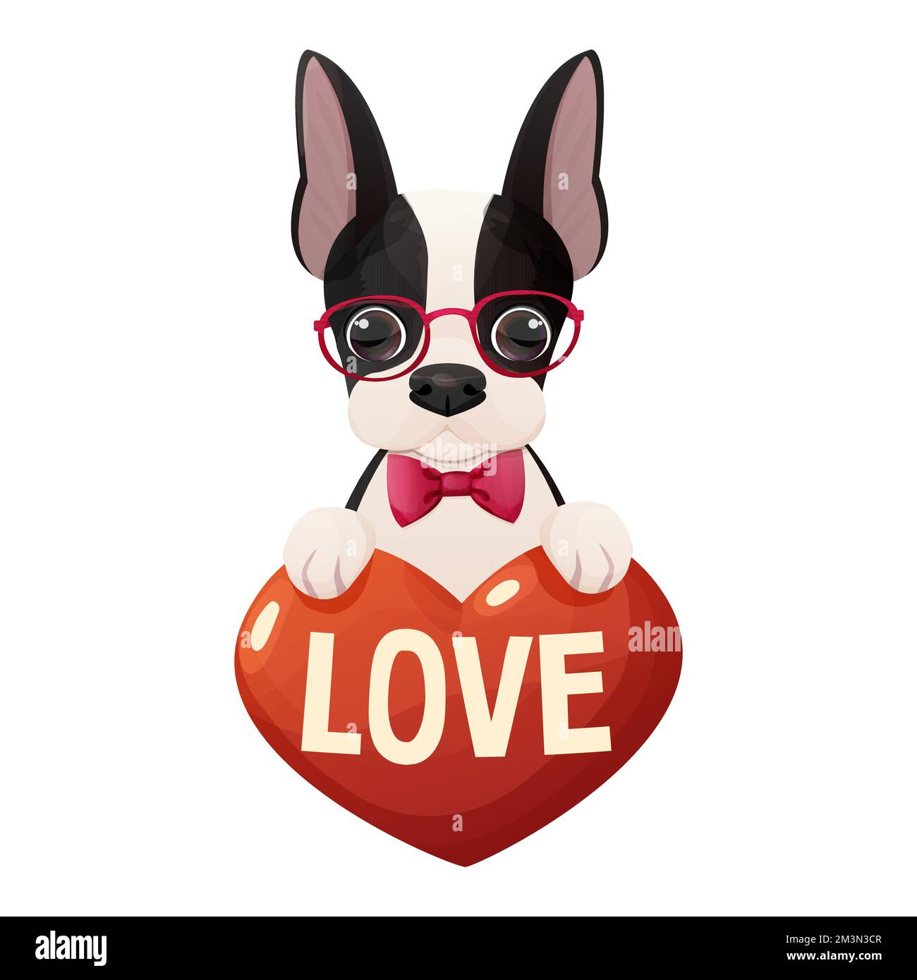 Cute boston terrier dog with heart, text Love, adorable pet in cartoon ...