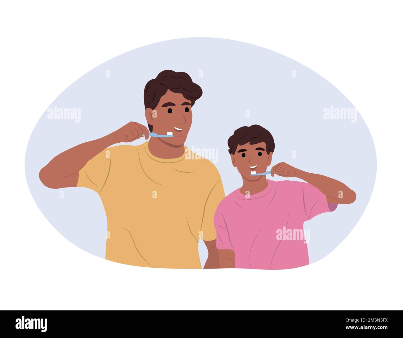 African American Father And Son Brushing Teeth Together National