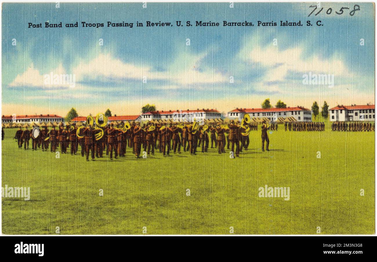 Post band and troops passing in review, U.S. Marine Barracks, Parris ...