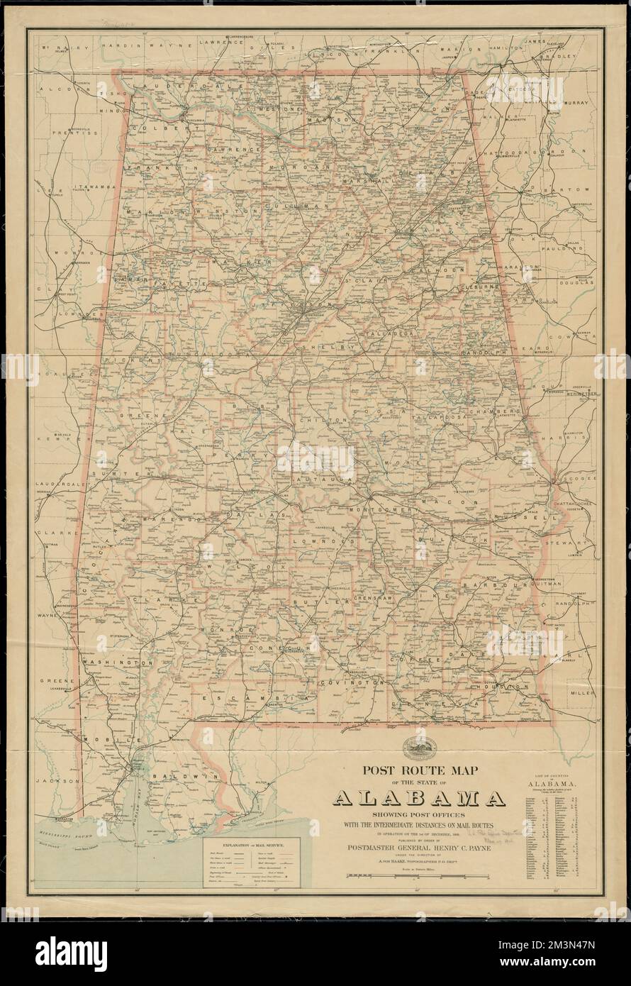 Post route map of the state of Alabama showing post offices with the ...