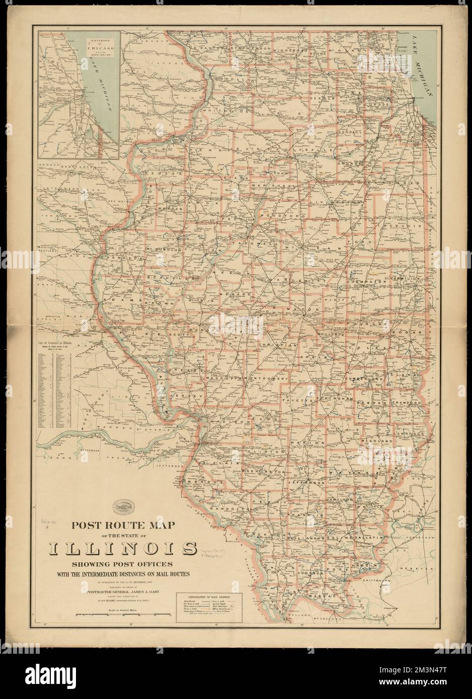 Post route map of the state of Illinois showing post offices with the ...