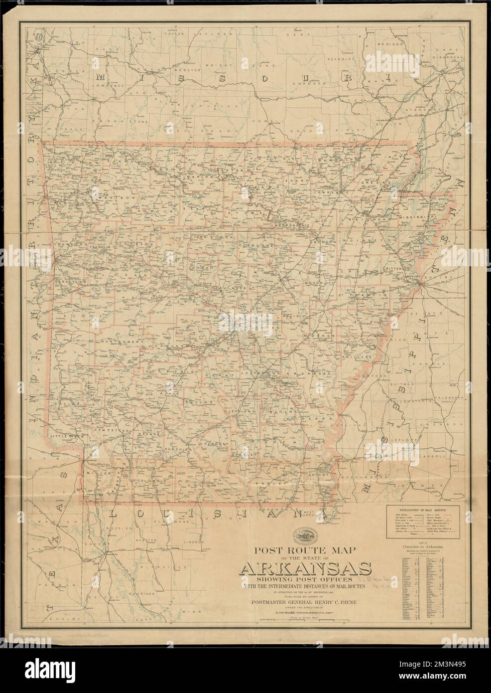 Post route map of the state of Arkansas showing post offices with the ...