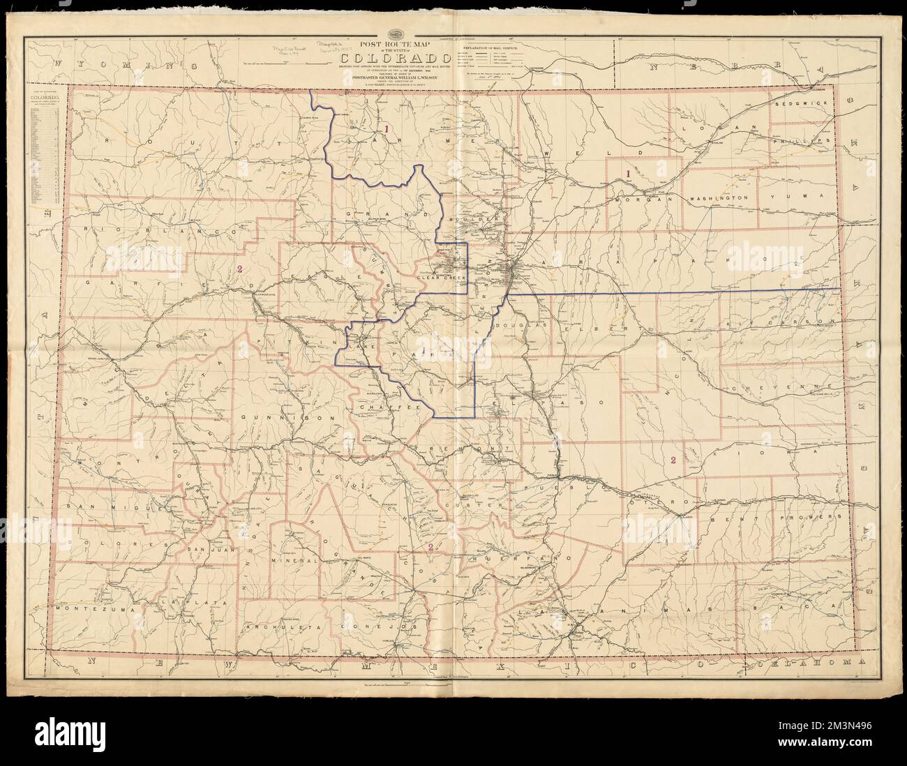 Post route map of the State of Colorado showing post offices with the ...