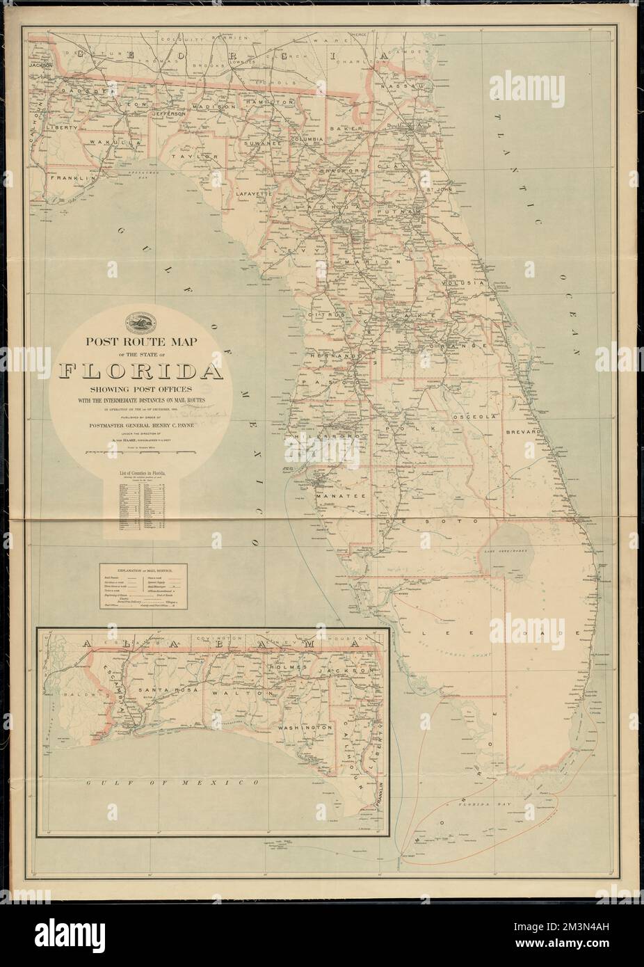 Post route map of the state of Florida showing post offices with the ...