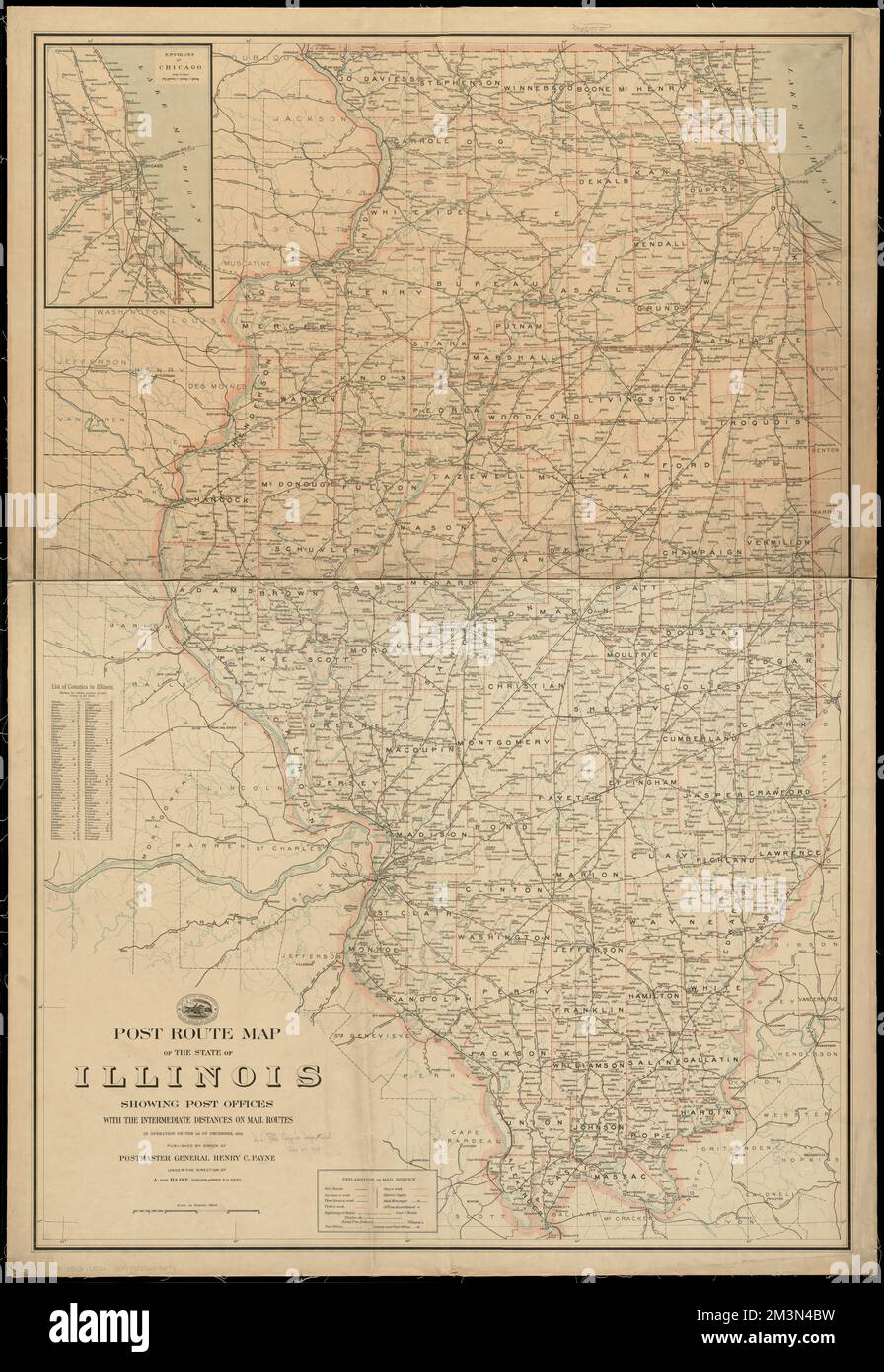 Post route map of the state of Illinois showing post offices with the ...
