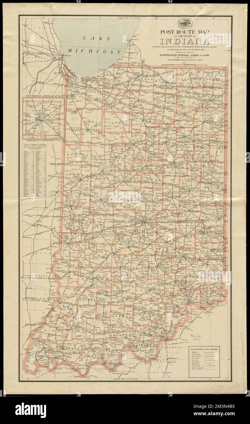 Post route map of the state of Indiana showing post offices with the ...
