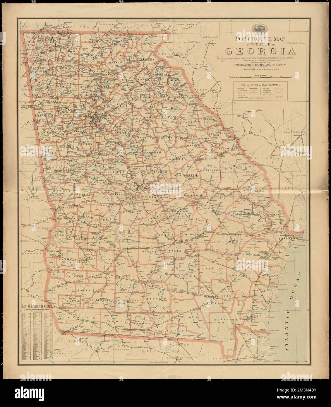Post route map of the state of Georgia showing post offices with the ...