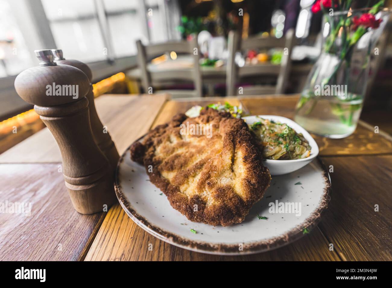Polish cuisine concept. Fried pork chop cutlet served on white plate ...