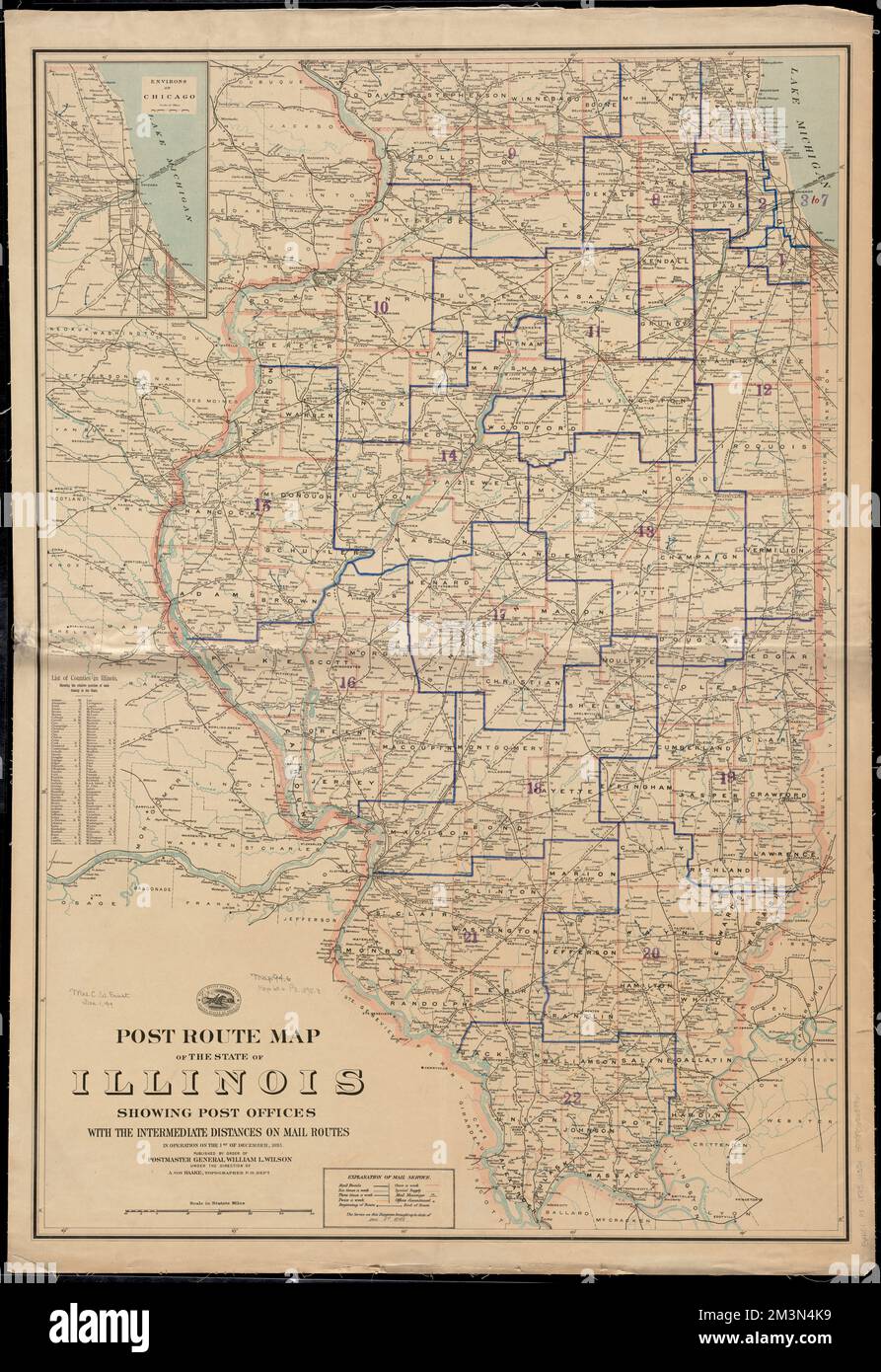 Post route map of the state of Illinois showing post offices with the ...