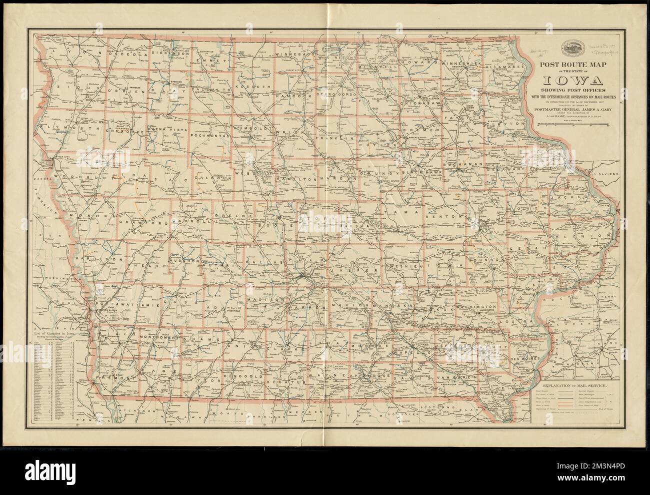 Post route map of the state of Iowa showing post offices with the ...