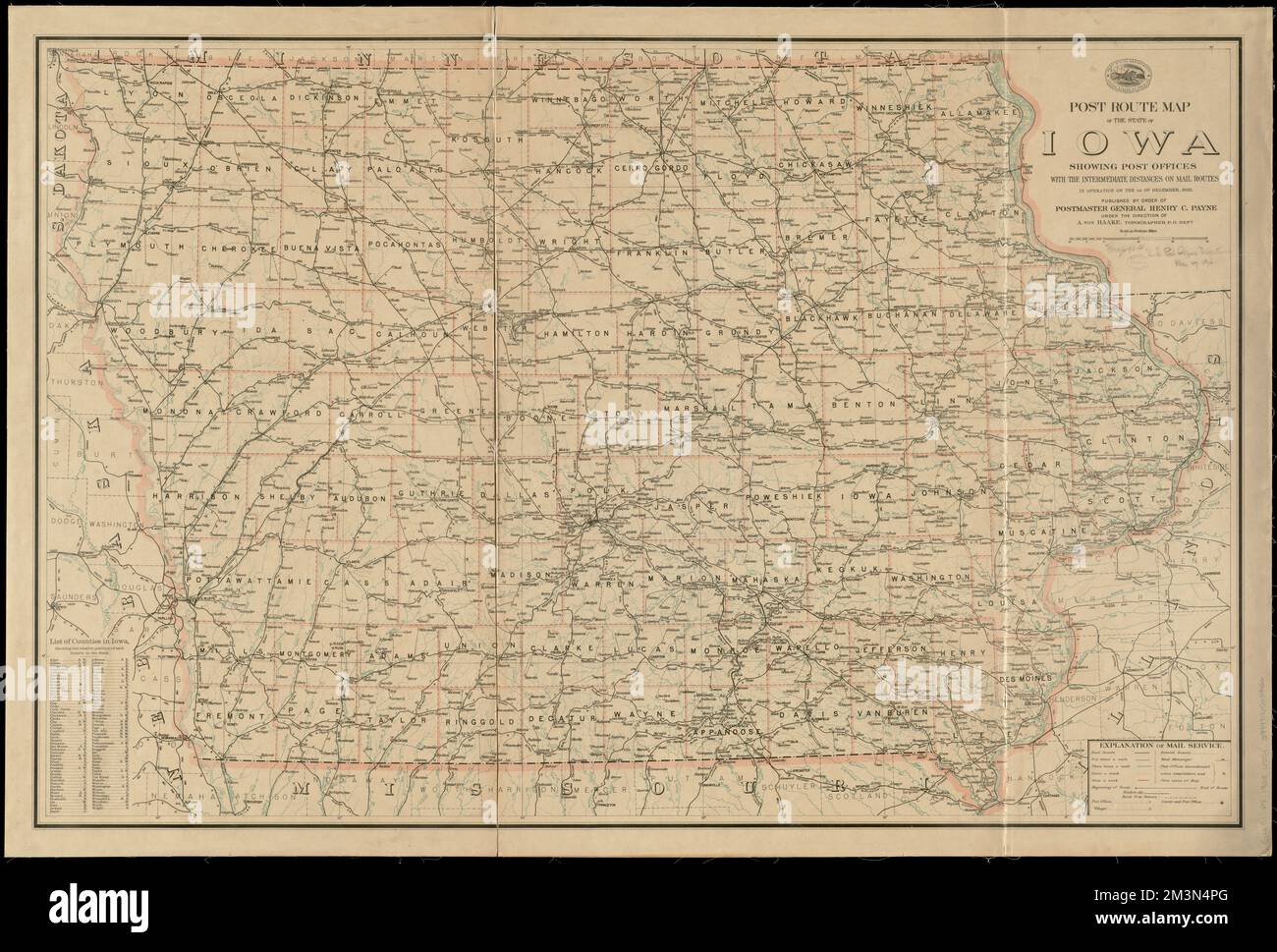 Post route map of the state of Iowa showing post offices with the ...