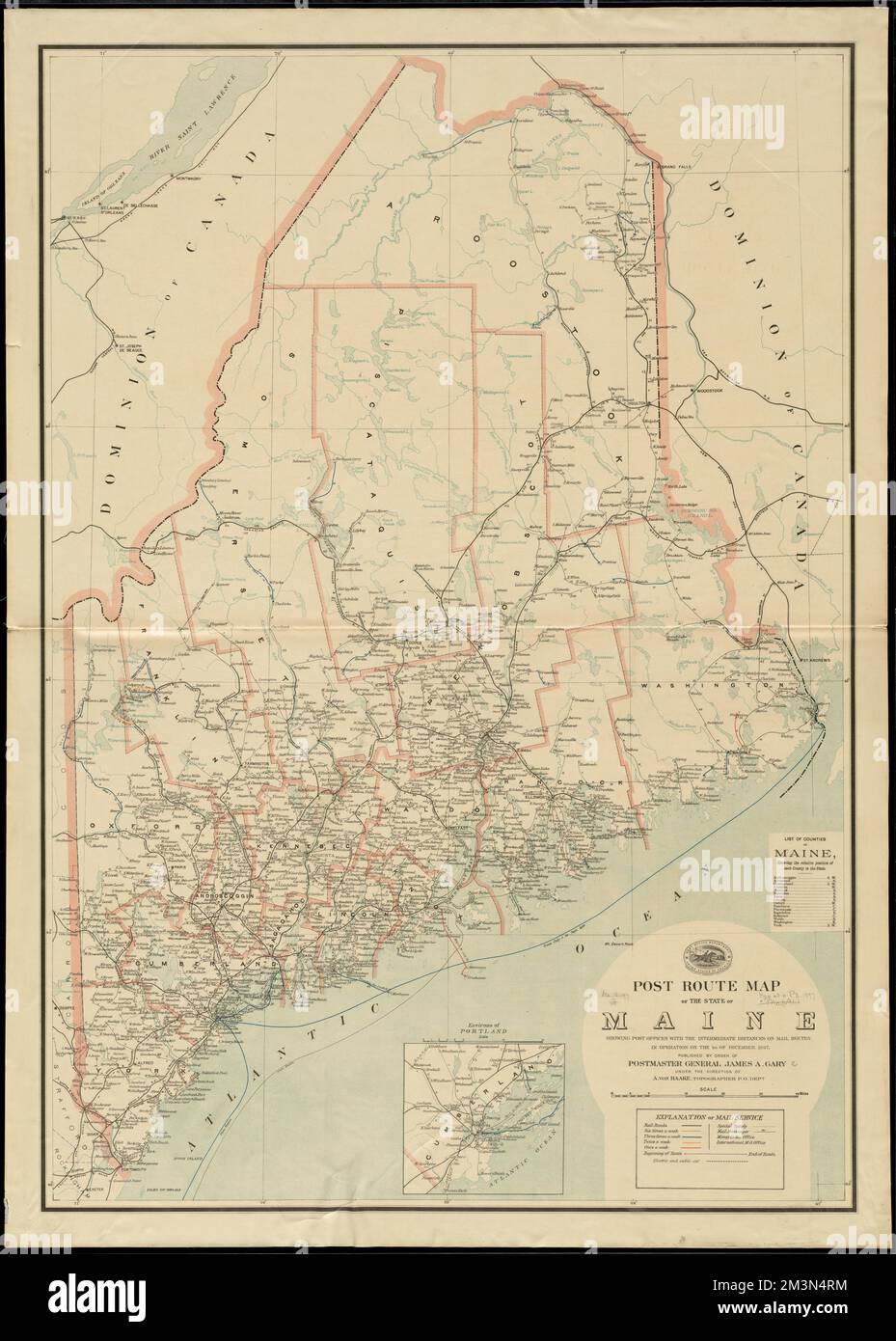 Post route map of the state of Maine showing post offices with the ...