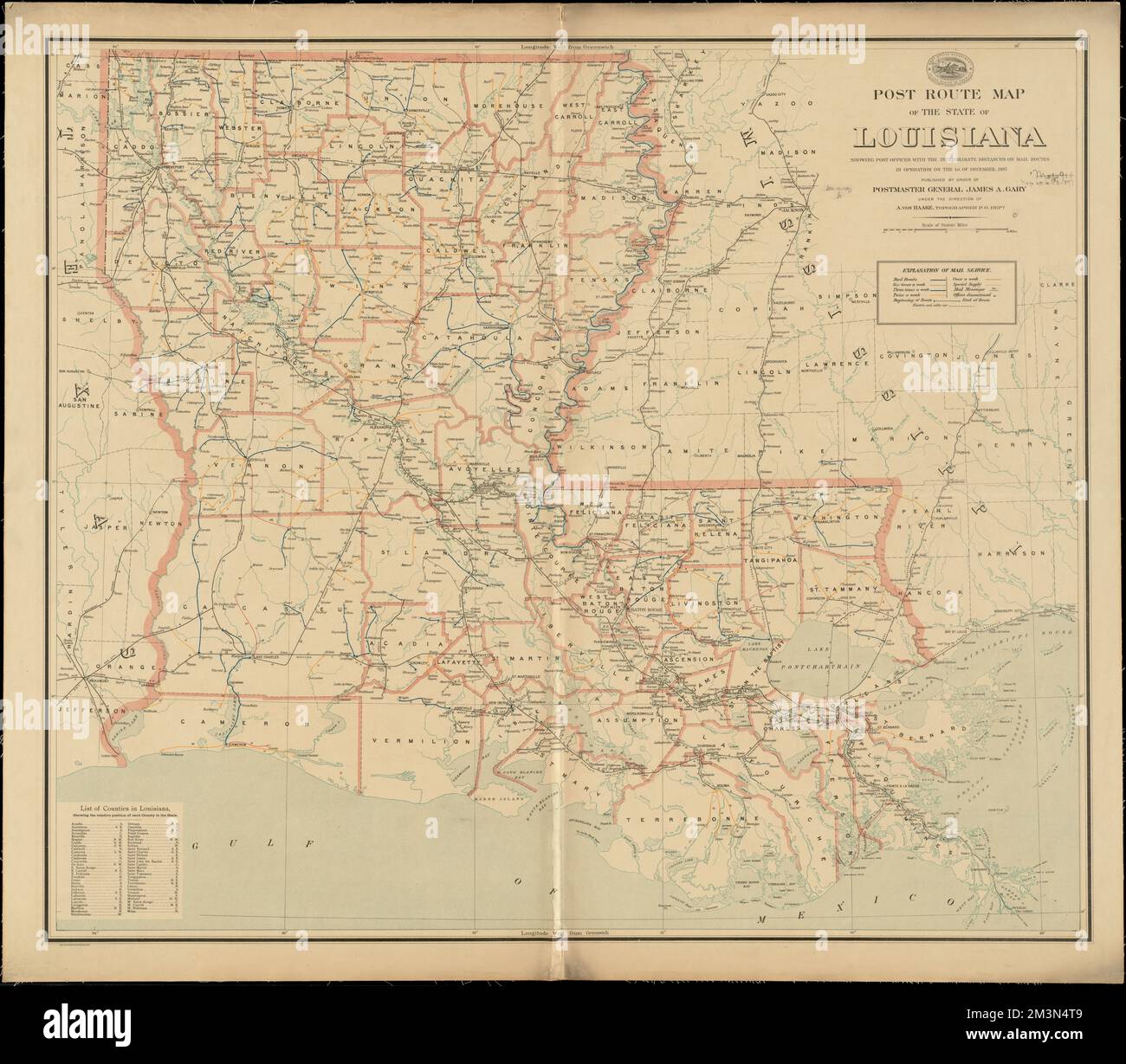 Post route map of the state of Louisiana showing post offices with the ...