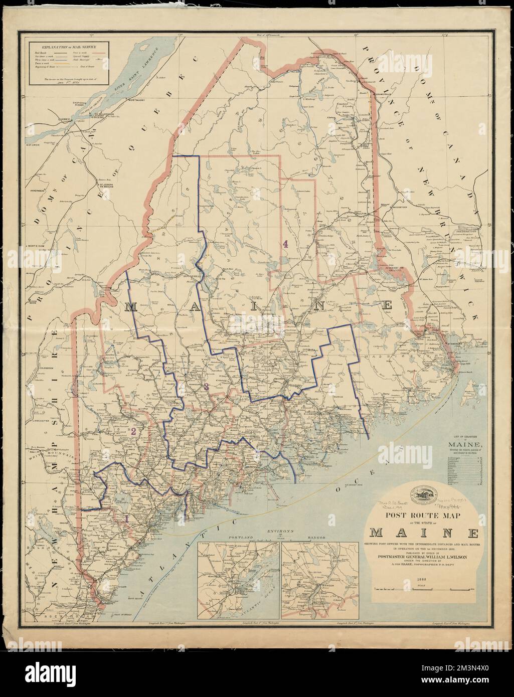 Post route map of the State of Maine showing post offices with the ...