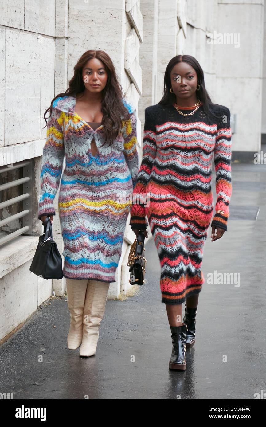 MILAN, ITALY - SEPTEMBER 24, 2022: Women with colorful wool dress ...