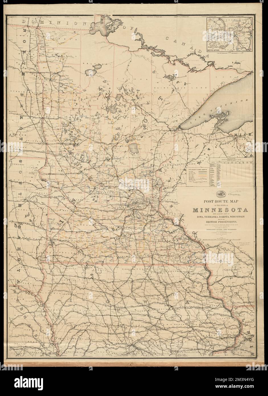 Post route map of the State of Minnesota with adjacent parts of Iowa ...
