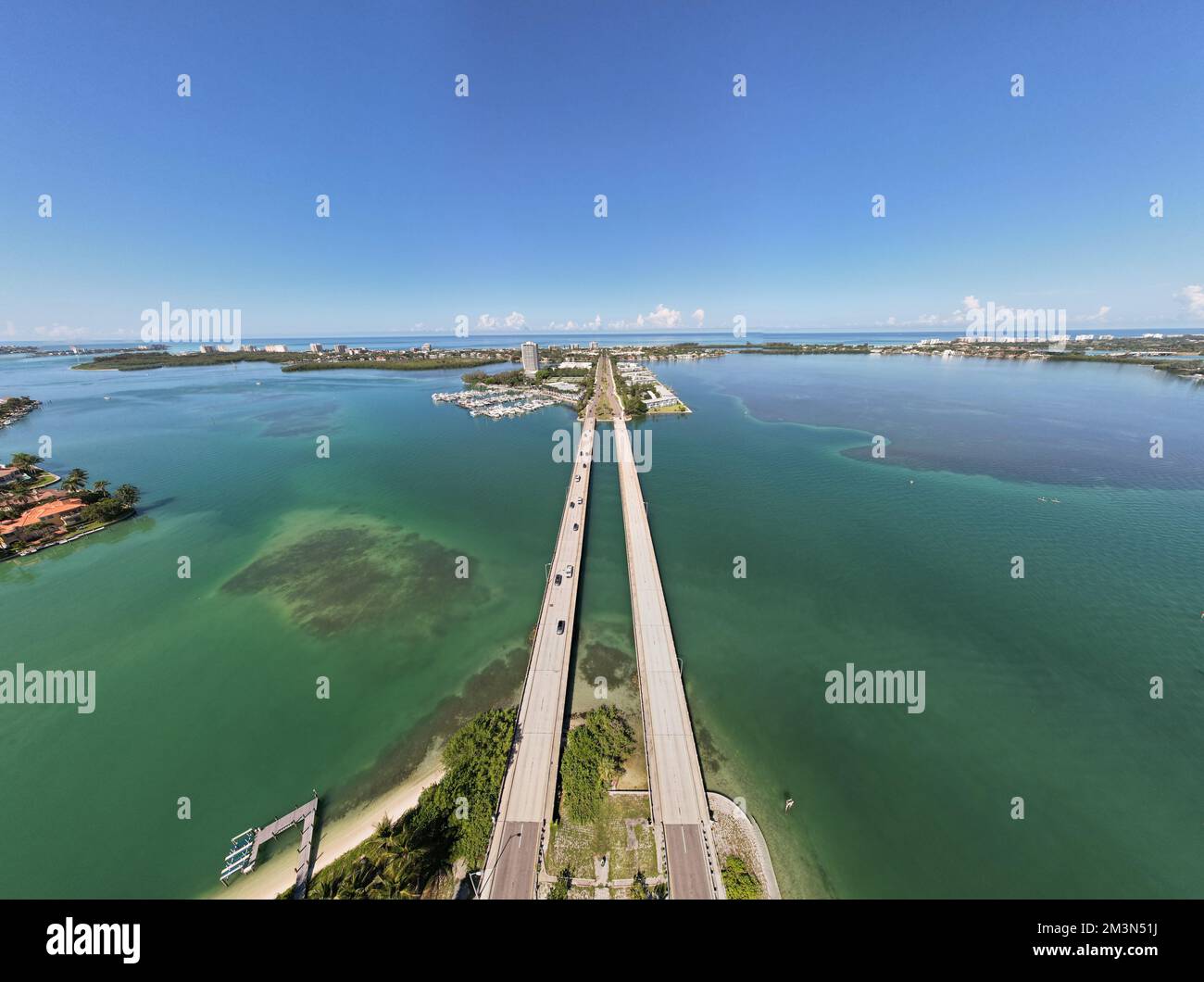 The aerial view of the roads across the sea. Saint Armands Key ...