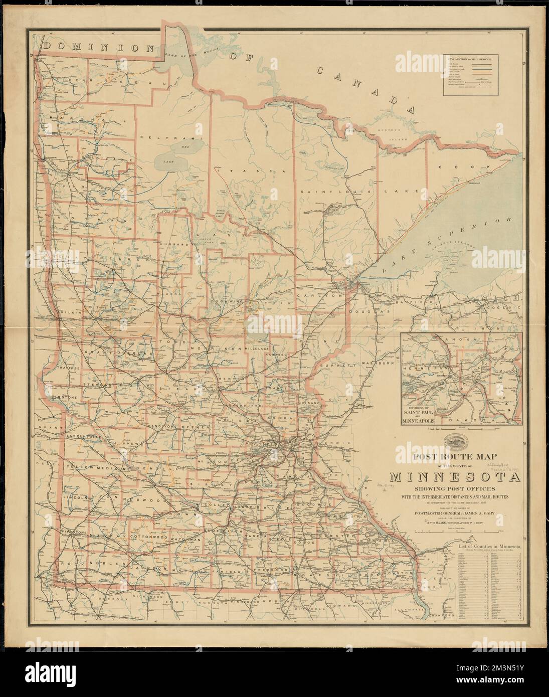Post route map of the state of Minnesota showing post offices with the ...