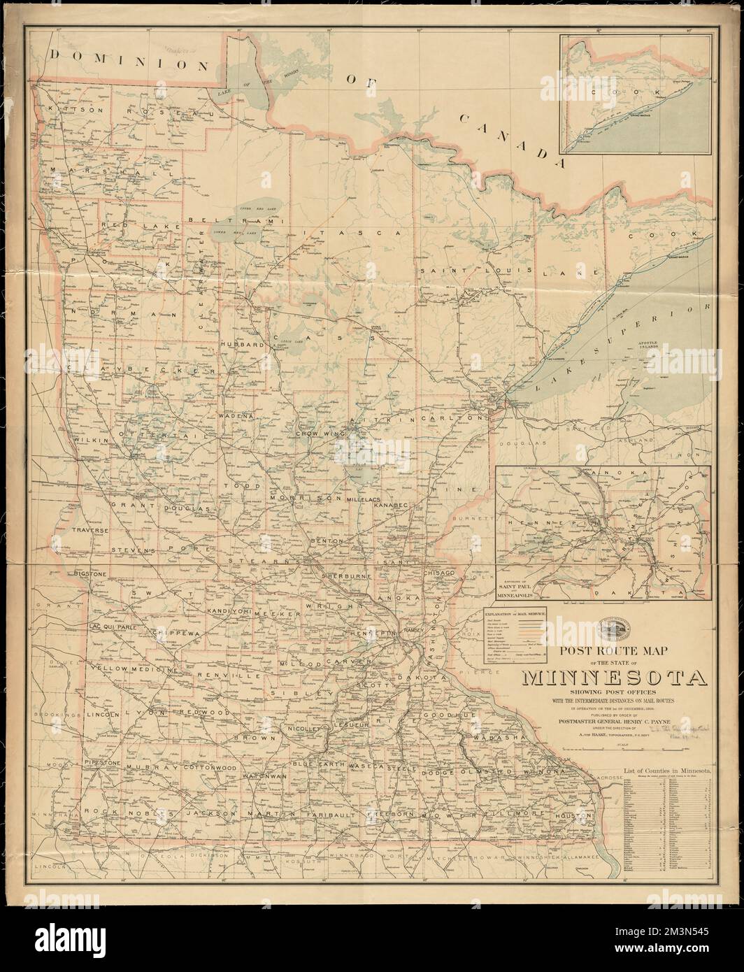 Post route map of the state of Minnesota showing post offices with the ...