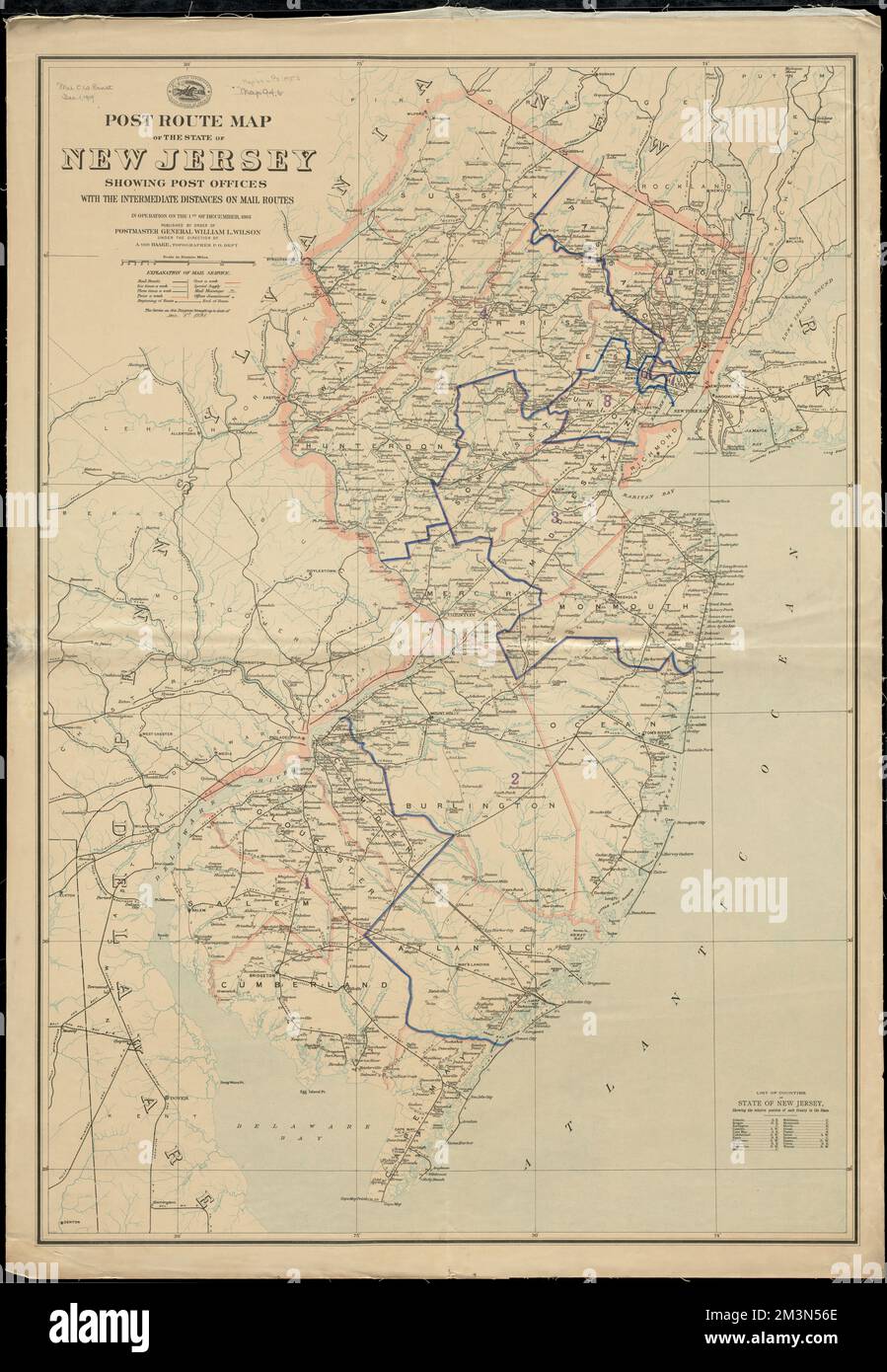 Post route map of the State of New Jersey showing post offices with the ...