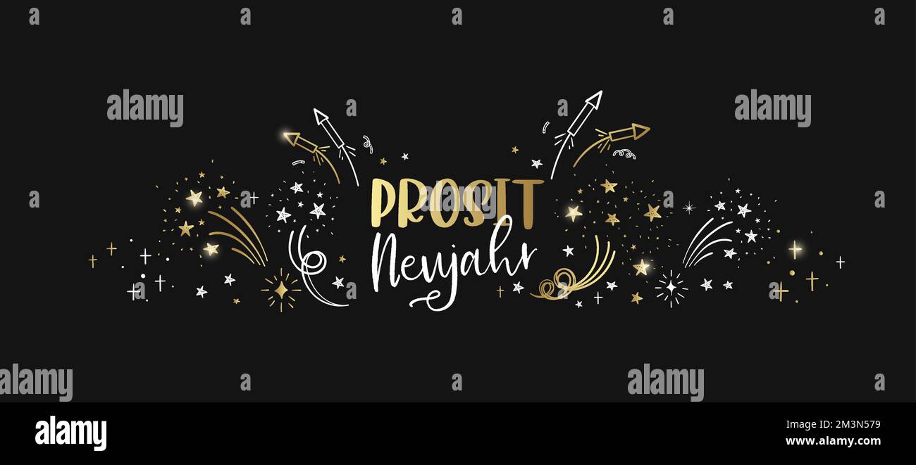 Cute hand drawn New Years banner with fireworks and German type saying ...