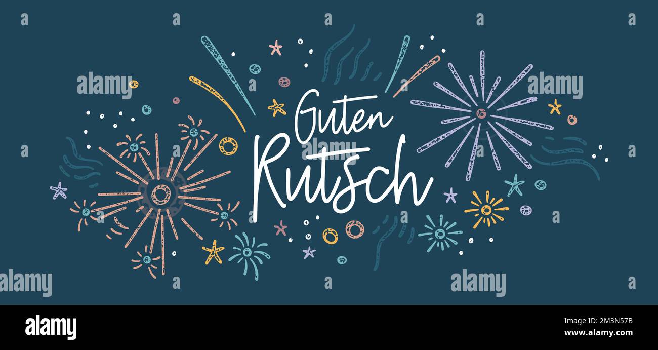 Cute hand drawn New Years banner with fireworks and German type saying ...