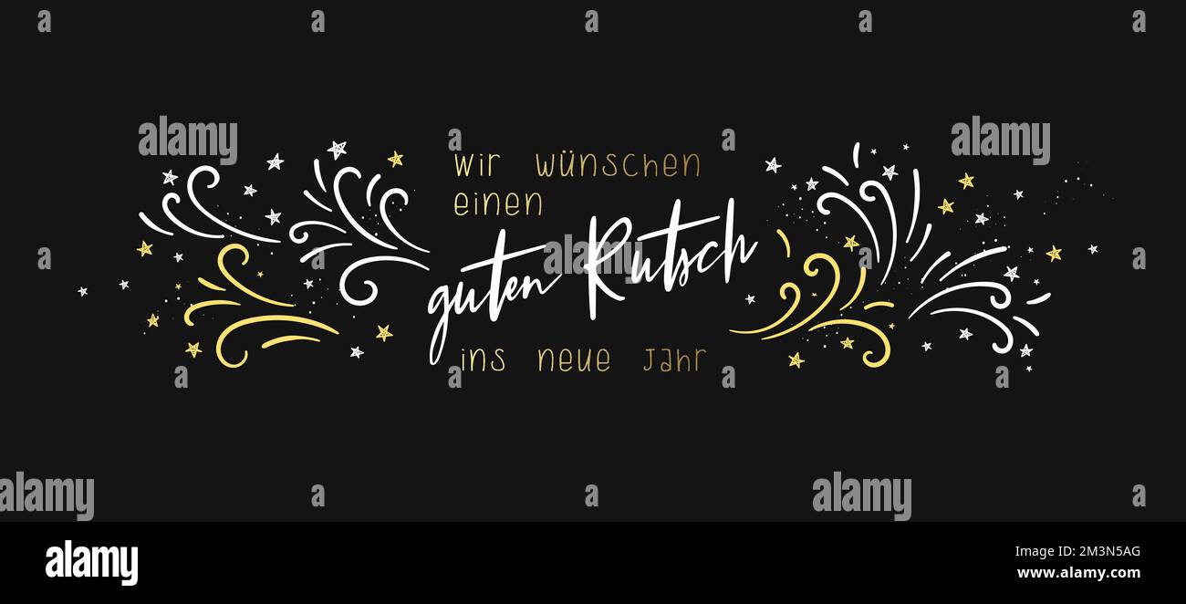 Cute hand drawn New Years banner with fireworks and German type saying ...
