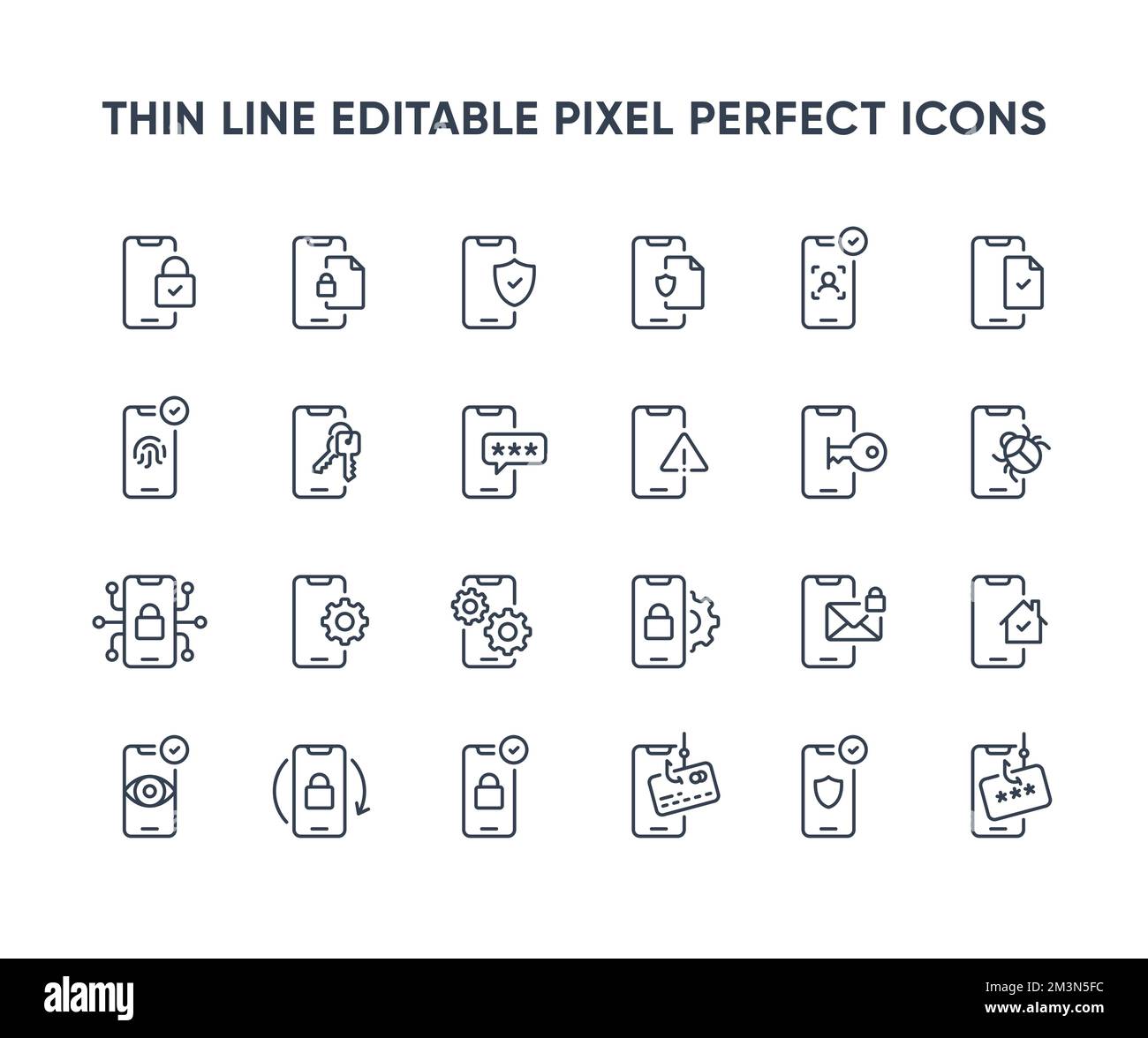 Phone security vector line icons. Smartphone internet privacy and ...