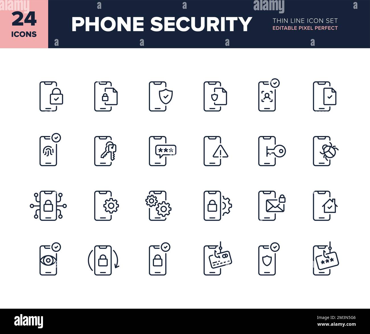 Phone Security Vector Line Icon Set Smartphone Network Security