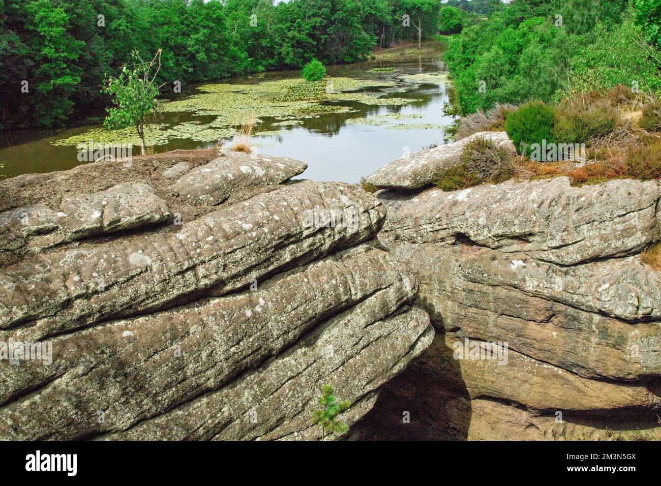 At Plumpton Rocks, a man-made lake with dramatic eroded Millstone rock ...