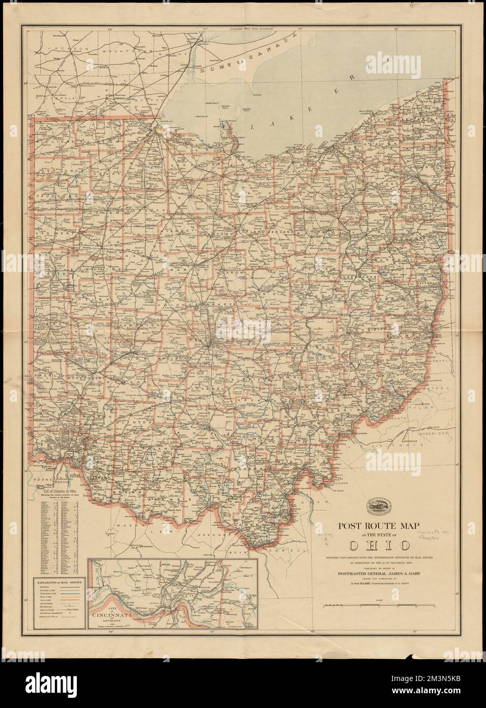 Post route map of the state of Ohio showing post offices with the ...