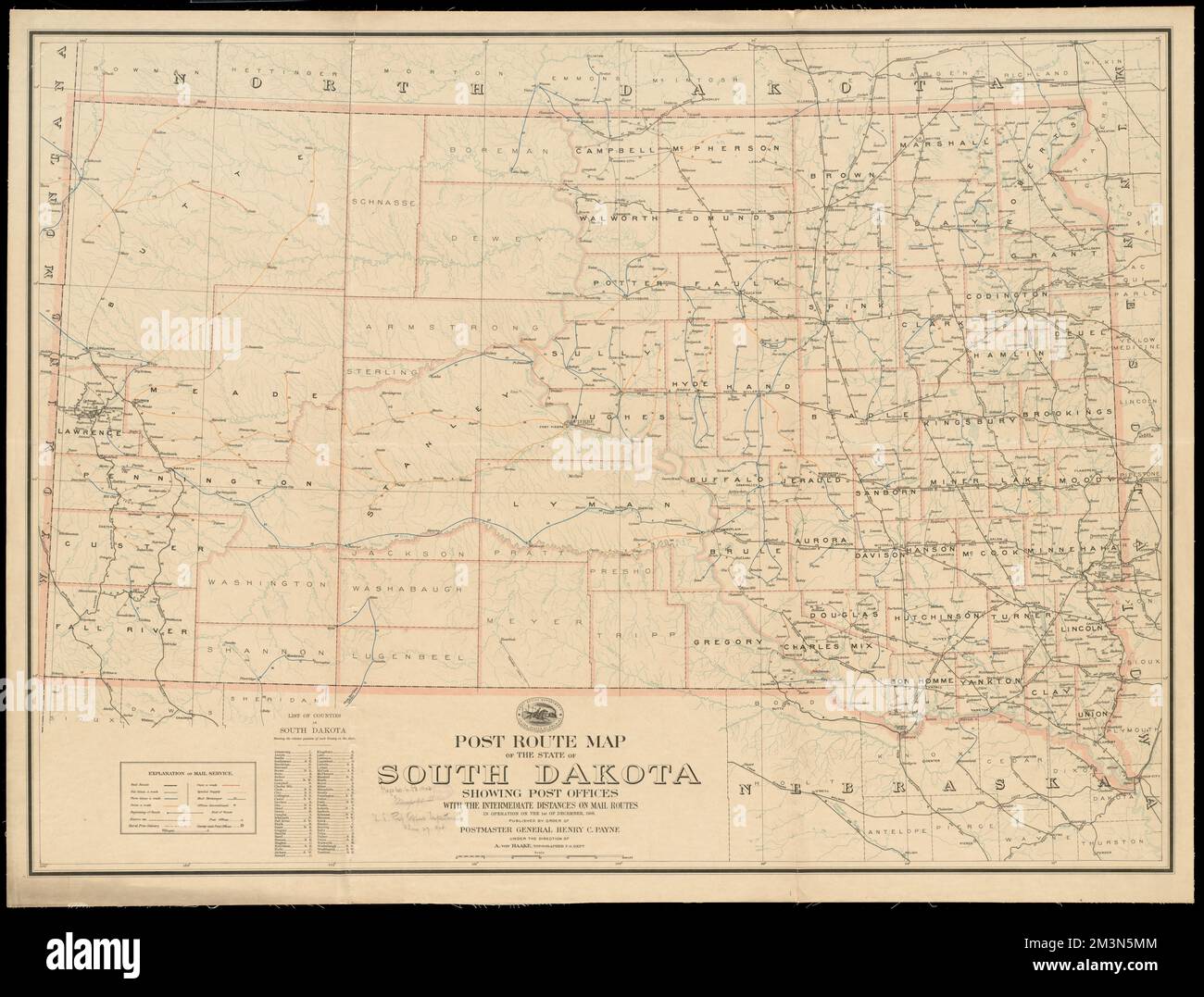 Post route map of the state of South Dakota showing post offices with ...