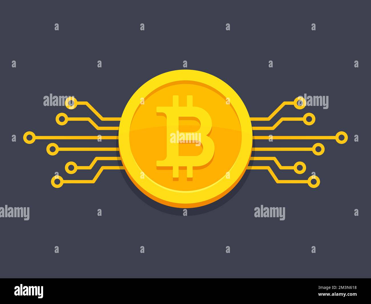 Bitcoin digital currency icon with circuit board elements. Vector illustration in flat style ...